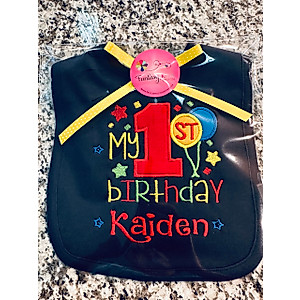 Fantasy Kids Designs First Birthday Boy Bib Personalized with Baby Name (Navy Blue Bib/Red)
