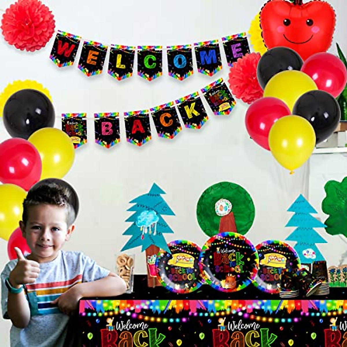Welcome Back to School Decorations-School Bus Party Supplies Cutlery Set Back to School Banner, Back to School Tablecloth, School Bus Plate for Bus Wheel Parties School Bus Themed Party (BLACK)