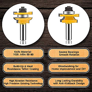 LEATBUY 3 PCS Router Bit Set 1/2 Inch Shank Round Over Raised Panel Cabinet Door Rail and Stile Router Bits, Woodworking Wood Cutter, Wood Carbide Groove Tongue Milling Tool(1/2-Double)