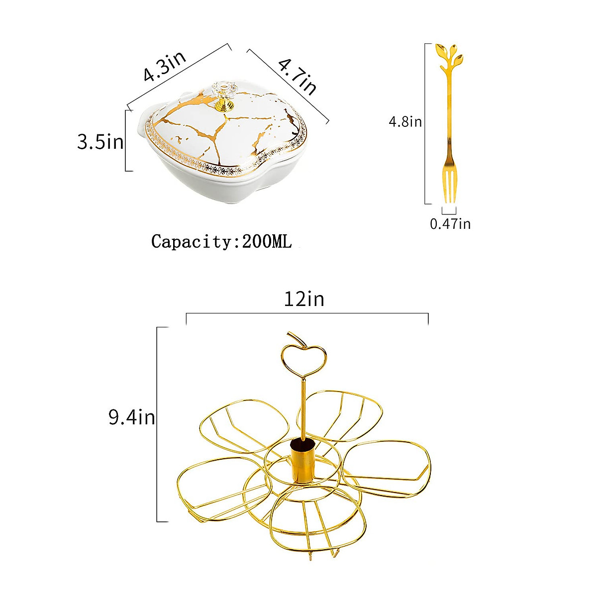 PASIGRO Ceramic Condiment Serving Tray,Rotating Snack Tray,Candy and Nut Porcelain Divided Serving Platter,Veggie Snack Containers,Ceramic Food Storage with Golden Iron Frame (White)