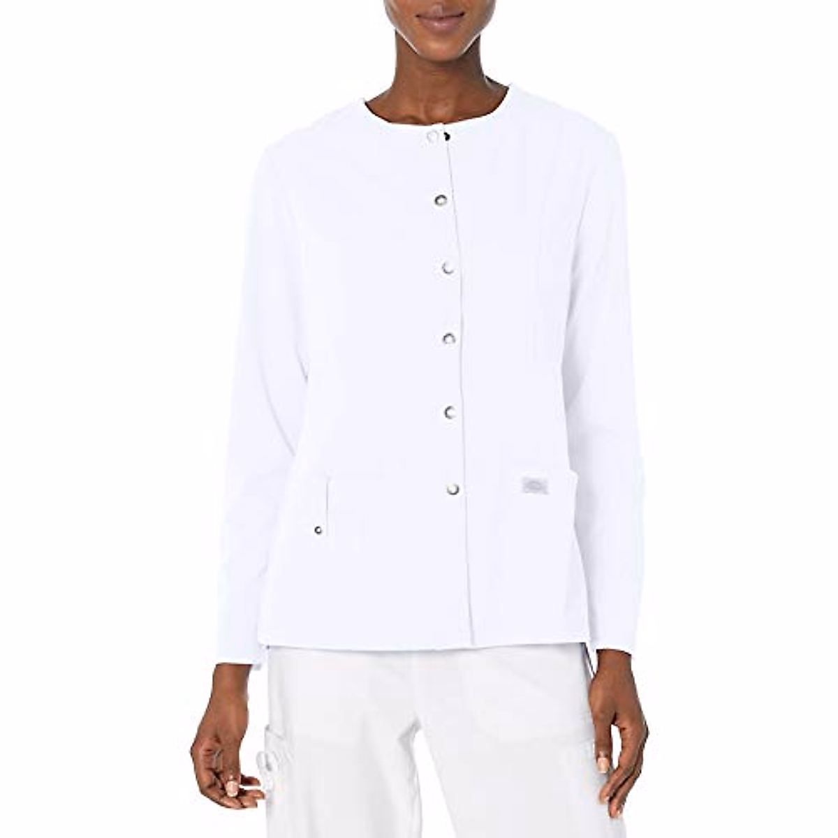 Dickies Xtreme Stretch Women Warm Up Scrubs Jacket Snap Front 82310, L, White
