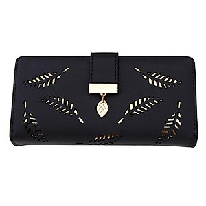 Create idea Black Women Long Leaf Bifold Wallet Purse Clutch Card Holder Synthetic Material Leaf-shaped Metal Pendant Purse