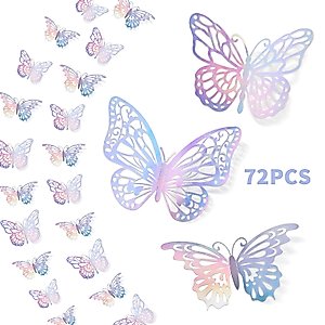72PCS 3D Laser Silver Butterfly Wall Decor, 3 Styles 3 Sizes, Metallic Butterfly Wall Stickers Room Mural, Removable Butterfly Decorations for Room, Party, Birthday, Wedding, Cakes, DIY Gift