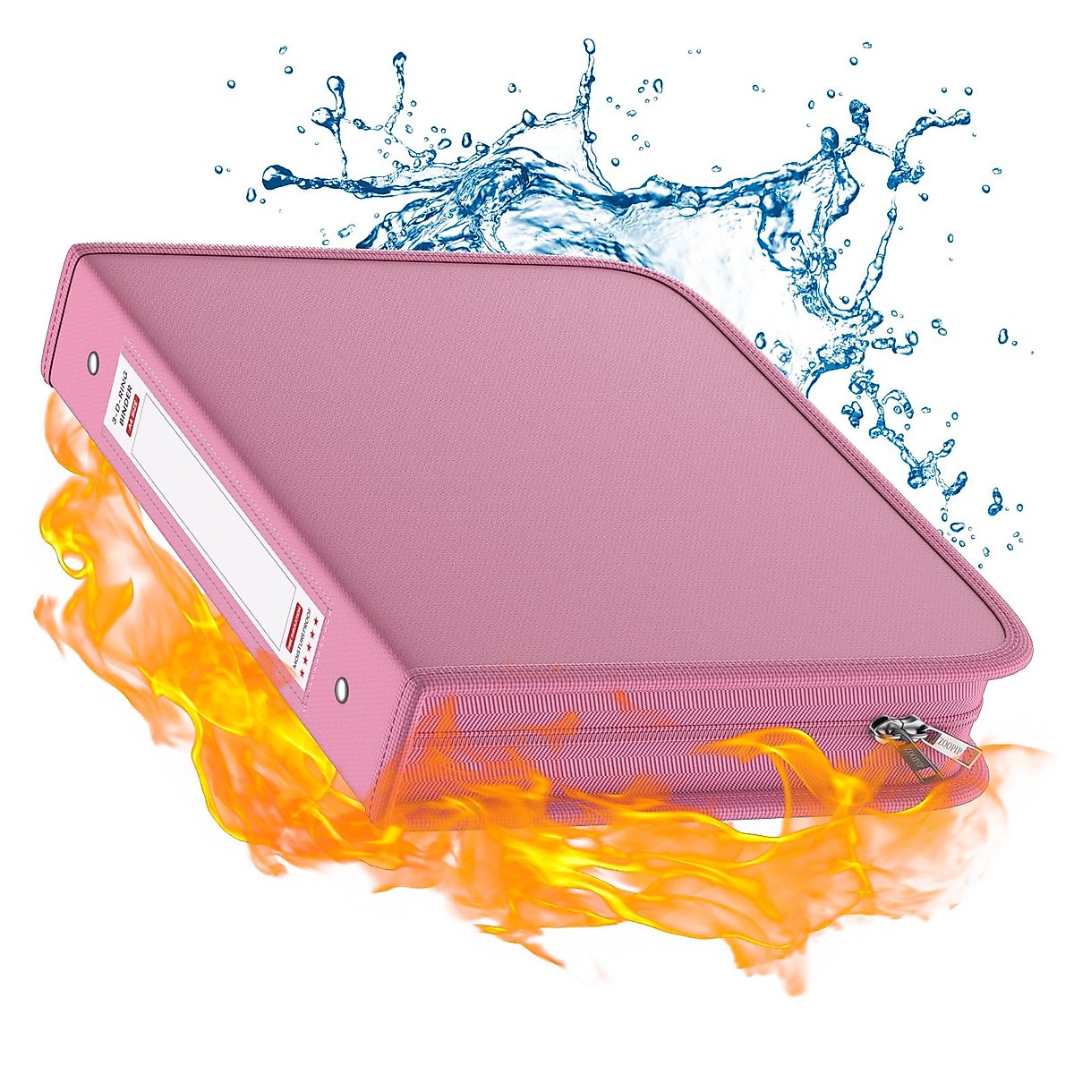 ZOOPIP Fireproof 3 Ring Binder with Zipper, 1.5 Inch D Rings Hold up 375 Sheets of 8.5" x 11" (A4), Compatible with Clear Page Protectors, Built-in Net and Pen Holder(Pink, 1 Pcs)