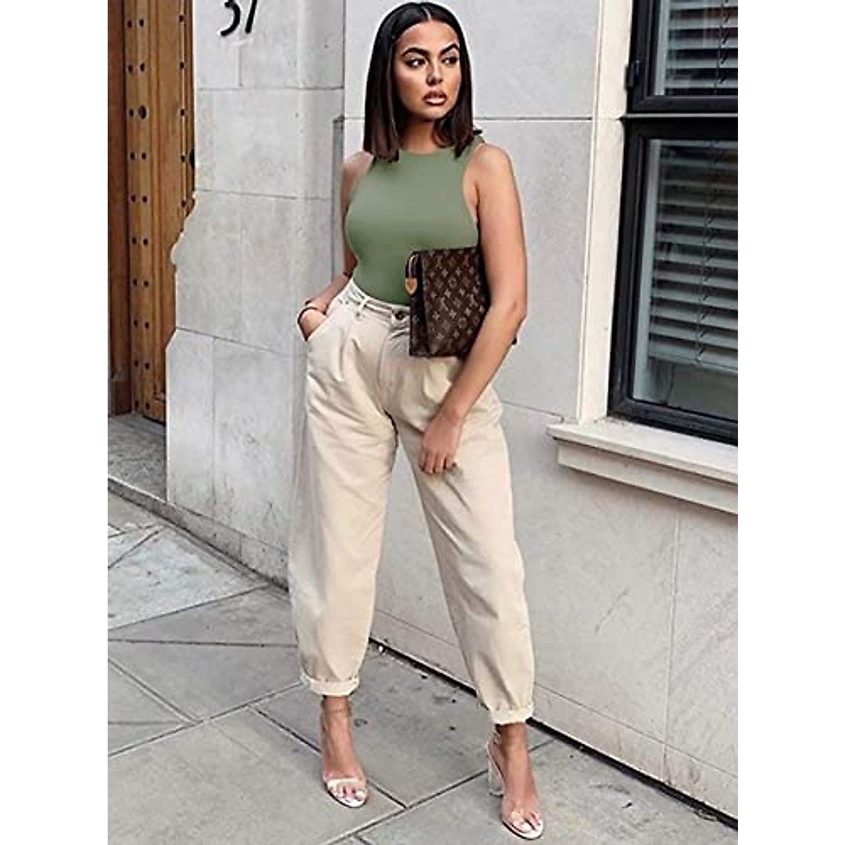 REORIA Womens Sexy Sleeveless Halter Neck Racer Back Leotard High Waist Thong Bodysuits Tank Tops Dark Green Large