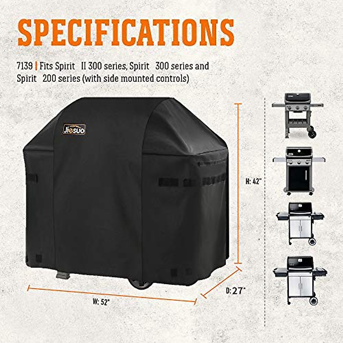 Jiesuo BBQ Gas Grill Cover for Weber Spirit and Spirit II 310: Heavy Duty Waterproof 51 Inch 3 Burner Weather Resistant Ripstop Outdoor Barbeque Grill Covers