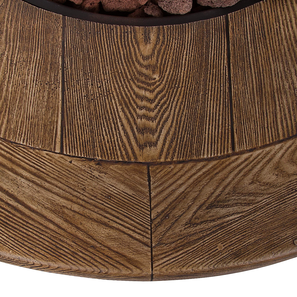 Shine Company Merida 40 in Round 50,000 BTU Outdoor Glass Fiber Reinforced Concrete Propane Gas Fire Pit Table w/GFRC Tabletop, Stainless Steel Burner, Lava Rocks, Natural Wood Look - Brown