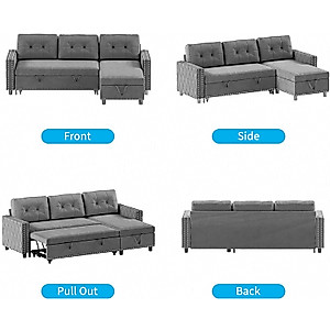 Mjkone 3 Seat L-Shape Sectional Sofa Couch with Pull Out Bed and Reversible Storage Chaise, Modern 83 Inch Sleeper Sofa with Breathable Velvet Fabric and Nailhead Trim for Living Room, Dark Gray