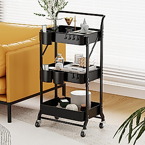 3 Tier Foldable Rolling Cart with Wheels, Folding Utility Cart Organizer, Collapsible Rolling Storage Cart with 3 Hanging Cups & 6 Hooks for Kitchen, Office, Nursery(Black)