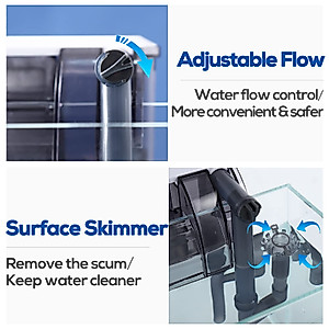 LAQUAL Aquarium Filter with Surface Skimmer, 10 Gallon Small Fish Tank Filter, 3-Layer Filtration, Adjustable Water Flow, Waterfall Design for Increasing Oxygen, Quiet & Efficient Hang on Back Filter