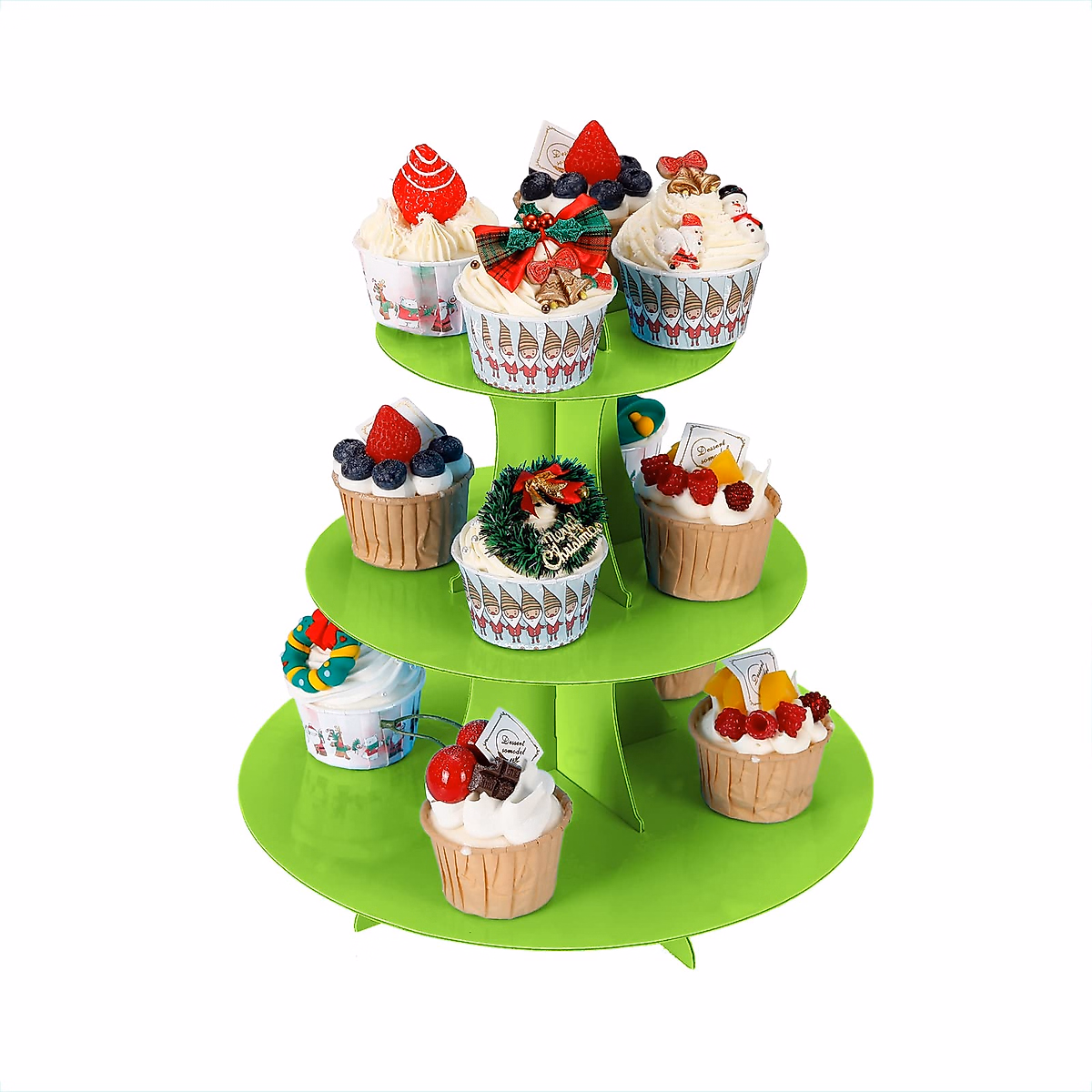 YLDW 3-Tier Cupcake Stand, Cake Stand Holder, Tiered DIY Cupcake Stand Tower for Dessert Table Displays, Birthday Theme Party Favors Decoration, Floral Tea Party, 12" W x 12.8" H, Green