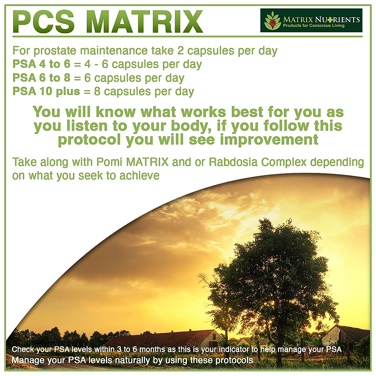 PCS Matrix - Lower PSA Levels for Healthy Prostate - 100% Natural Ingredients: Saw Palmetto, Rabdosia, Scute, Plantago Focium, Chrysantaomum, Ganoderma, Lotus Seed - Vegan Capsules (120ct)