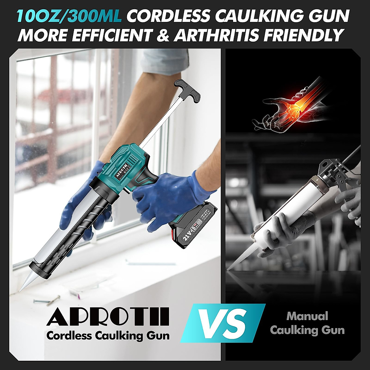 APROTII Cordless Caulking Gun Compatible with Makita Battery, Electric Caulk Gun w/ 4 Adjustable Speeds, LED Light, Drip-Free Adhesive 10OZ/300ML Caulk Gun for Filling, Sealing (No Battery)