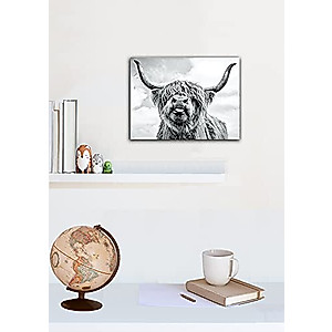 Highland Cow Canvas Print Black and White Highland Cow Wall Art Farmhouse Wall Decor Longhorn Highland Cattle Picture Stretched and Framed Ready to Hang for Living Room Bathroom Decor 12x16inch for fengyuyi
