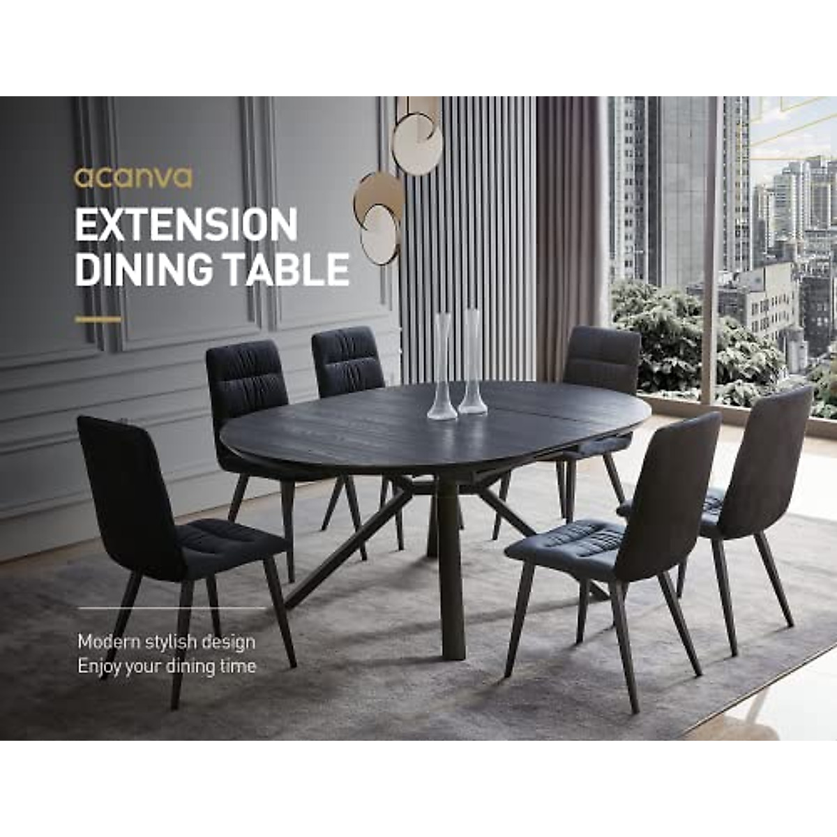 Acanva Extension Oval/Round Dining Table for 6, Expandable Butterfly Leaf & Sturdy Base, Suit for Kitchen, Living Room & Apartment, 51.2”W(+19.7”) x 51.2”D x 30.1”H, Black