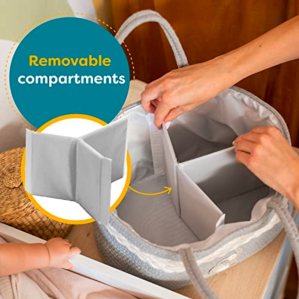 Cradle Star Diaper Caddy Organizer – Portable Baby Basket Diaper Storage Organizer with Compartments – Baby Diaper Caddy for Changing Table Nursery, Elephant Baby Shower Gifts - 100% Cotton Rope, Gray