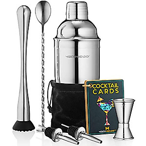 Mixology Cocktail Shaker Set Drink Mixer, 8-Piece Portable Bartender Kit with 24oz Martini Shaker Barware Tool Set, 2 Pourers, Muddler, Jigger, Mixing Spoon, Velvet Bag, Built-in Strainer (Silver)