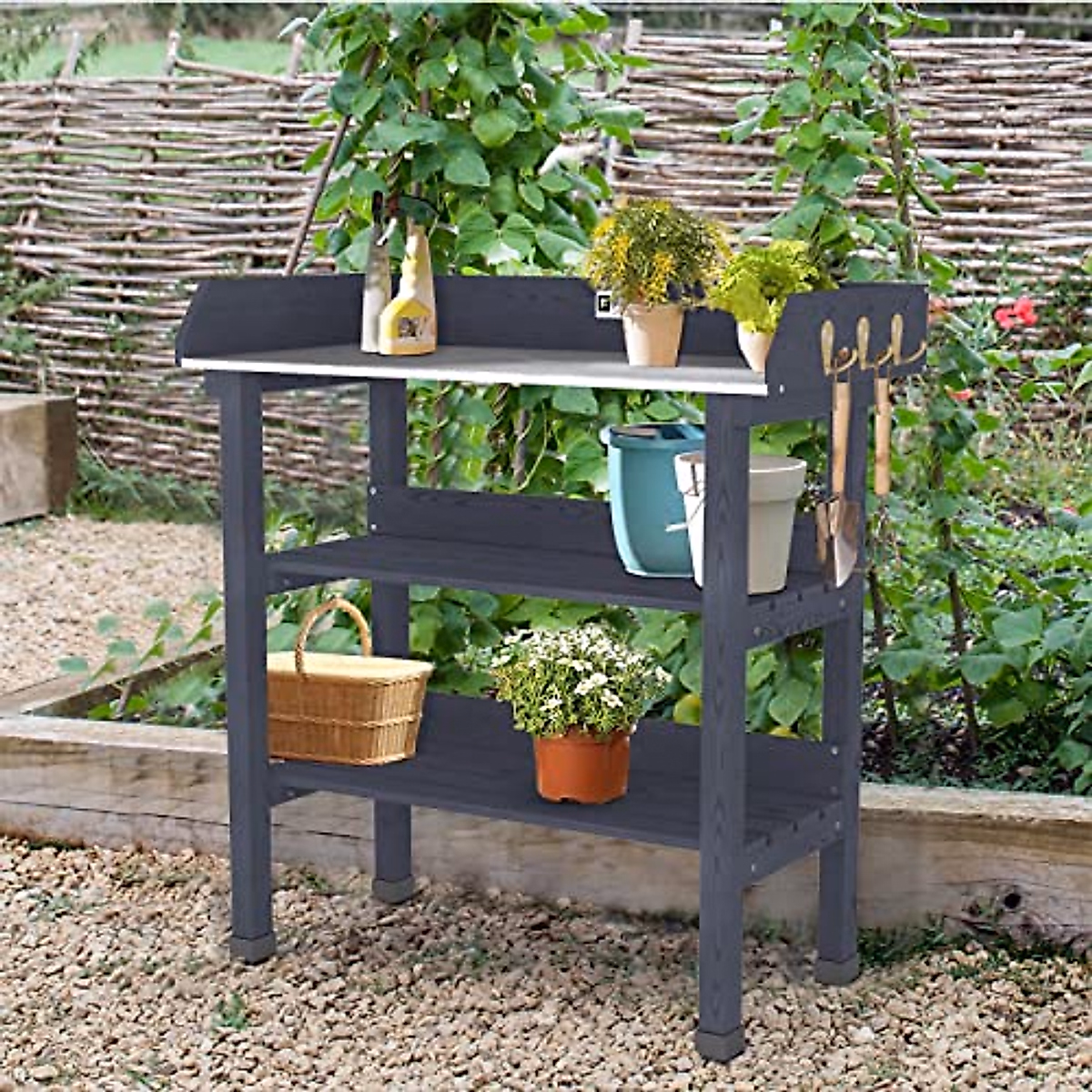Elevens Potting Bench Tables Outdoor, Potting Table Garden Work Station Metal Tabletop Solid Wood Planting Bench with 2 Tier Storage Open Shelf (4 Feet/Grey)