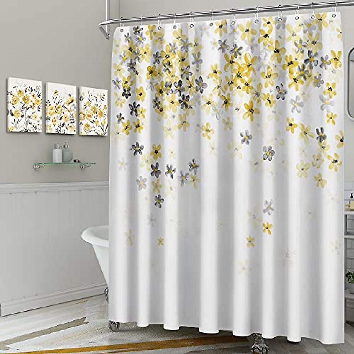 SUMGAR Yellow Flower Shower Curtain Bathroom Fabric Grey Floral Polyester Cloth Farmhouse Boho Rustic Summer Decorative Washable Shower Curtains Set with Hooks 72 x 72 Inch