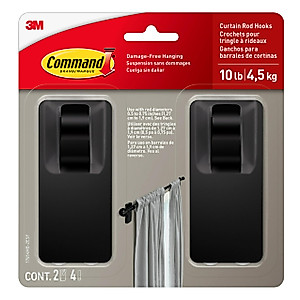 Command 10 lb Matte Black Curtain Rod Hooks, 2 Hooks and 4 Command Strips, Damage Free Curtain Hooks for Hanging Curtain Rods with Adhesive Strips, No Drilling Christmas Decorations