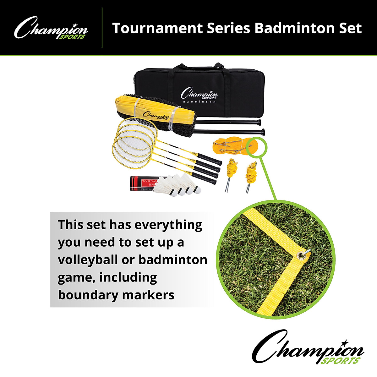 Champion Sports Outdoor Badminton Set: Net, Poles, 4 Rackets, 4 Shuttlecocks & Bag - Portable Equipment for Backyard Games, Team Sports, Adults & Kids