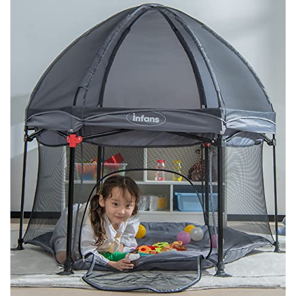 INFANS Baby Playpen with Removable Mesh & UV Canopy, 53" Portable Playhouse with Carry Bag, Dome, Padded Floor, Easy Folding Playard Activity Center (Dark Grey)