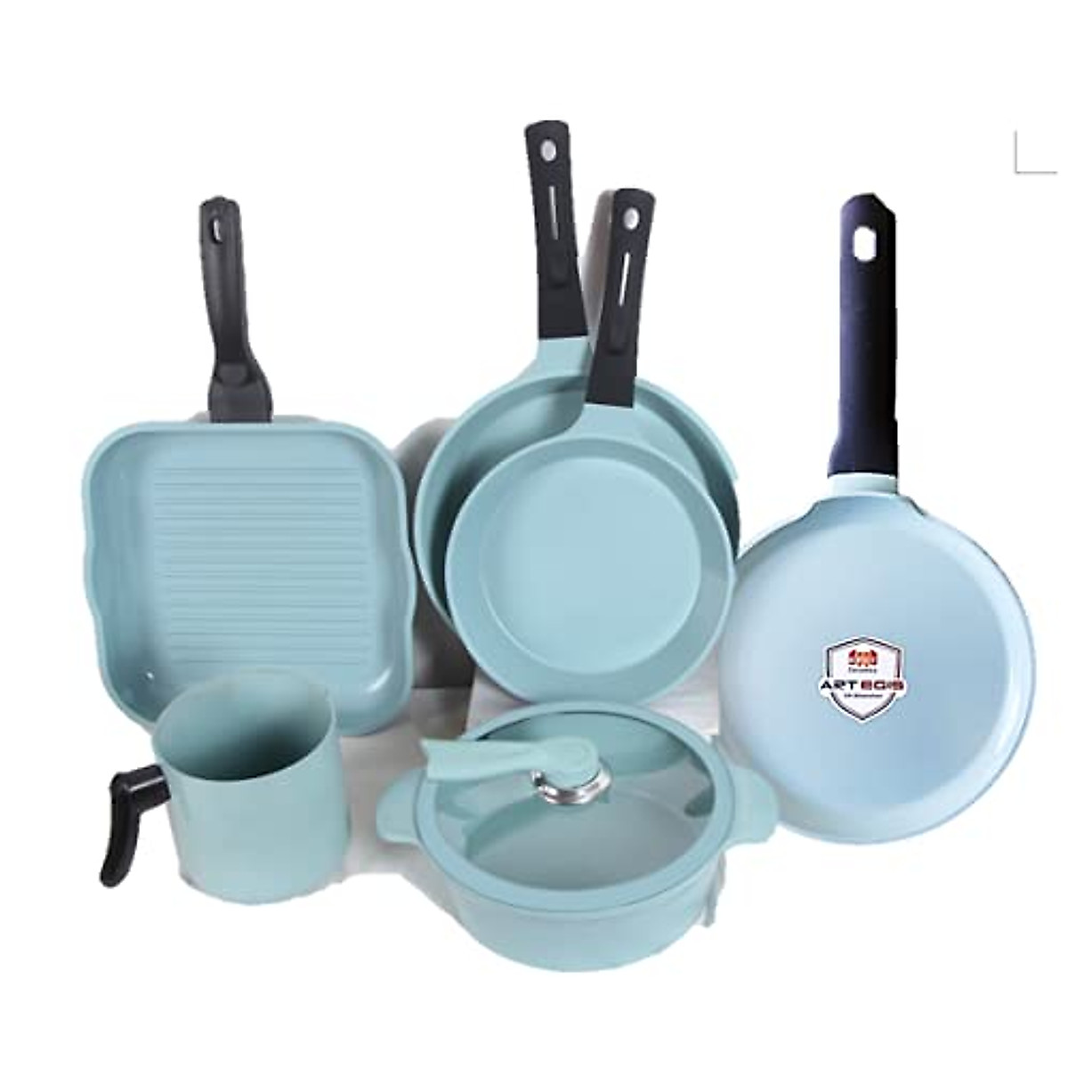 7 piece JADE COOK Set 9.5" Fry Pan, 11" Fry pan, 10" Round griddle, 11" Square grill pan 9.5" Casserole, 5.5" Milk Pot (KFCC Die Cast)