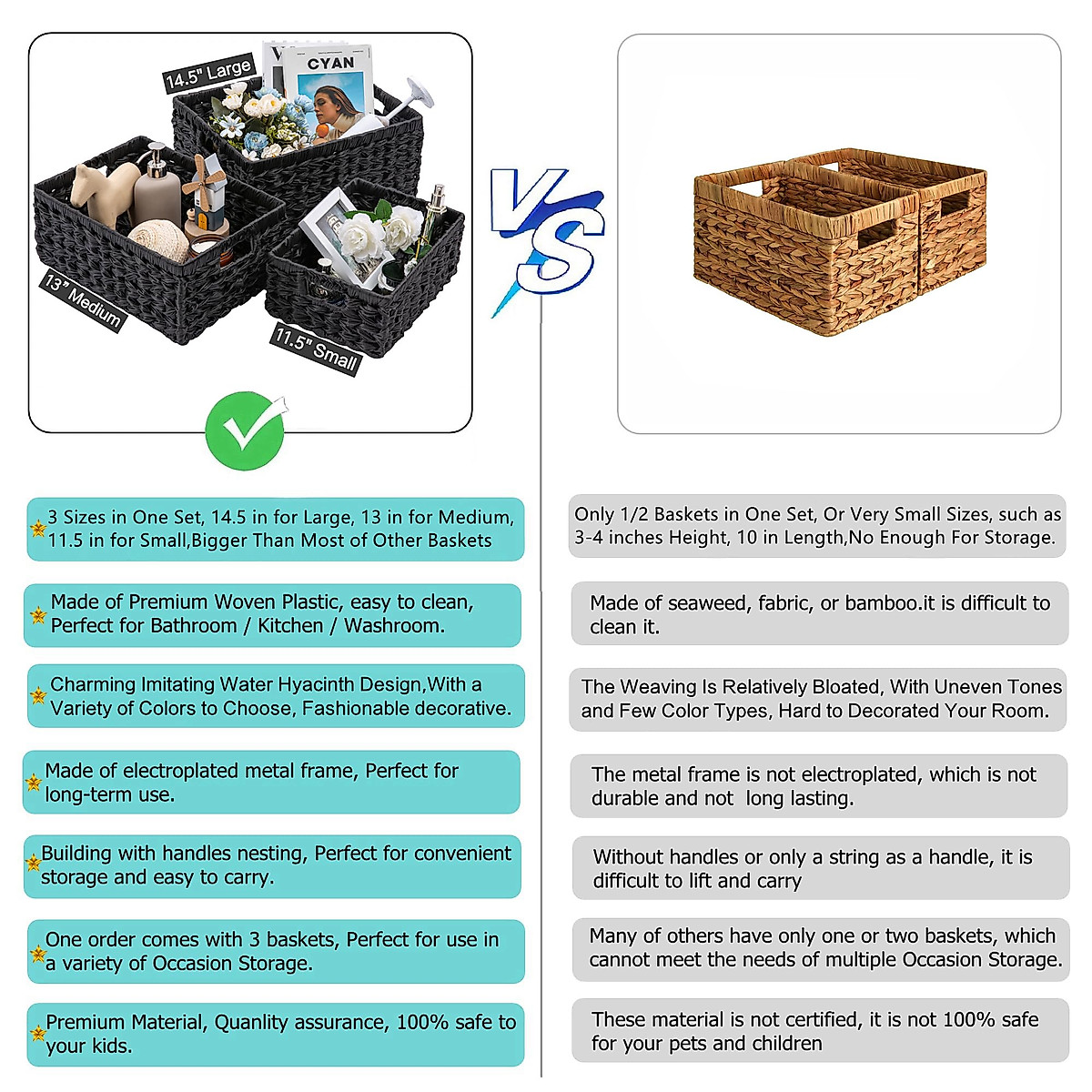 Homepeaz Set of 3 Wicker Storage Baskets, Decorative Baskets With Built-in Handles, Multipurpose Nesting Countertop Baskets for Shelves, Pantry, Kitchen Organizers, Bathroom, Toilet, Closet (Black)