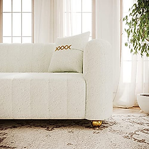 yunqishi KEAI 83.46" Velvet Couch for Living Room Teddy Large Modern Sofa with Gold Metal Sphere Legs Office Upholstered Comfy 3 Seater Couches Cute Sherpa Bedroom Furniture (Teddy Cream White)