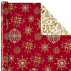 Hallmark Reversible Christmas Wrapping Paper Set with Ribbon and Gift Tag Stickers (Traditional Red and Gold, 3 Rolls of Wrapping Paper and Ribbon)