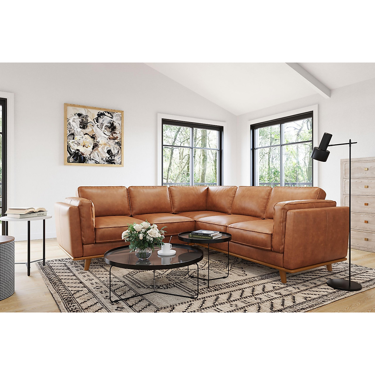Valencia Artisan Full Leather Sofa - Pure Full Italian Nappa Leather Couch, Solid Wood Accent, Ultimate Comfort (Cognac, L-Shape Sectional)