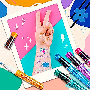 Fashion Angels Sparkle Tats Body Art Set - Temporary Tattoo Pens, Washable & Shimmery Tattoo Body Ink, 6 Tattoo Body Markers Set with Stencil Stickers for Kids 8+, Multi (12674)