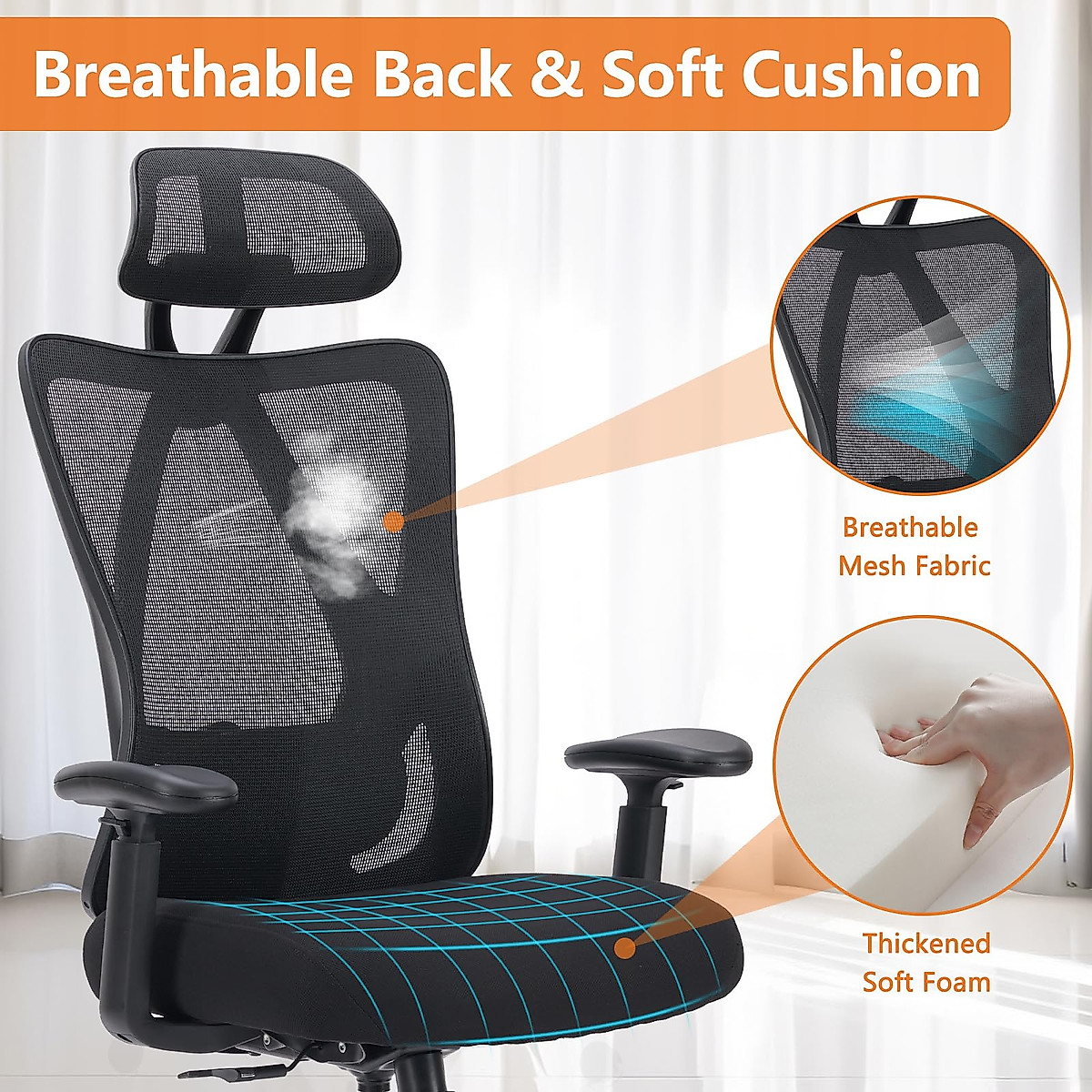 Office Chair, Desk Chair Computer Chair Ergonomic Office Chair with 2D Armrest Adjustable Lumbar Support & Headrest, High Back Home Office Desk Chair 135°Tilt Function Big and Tall Office Chair