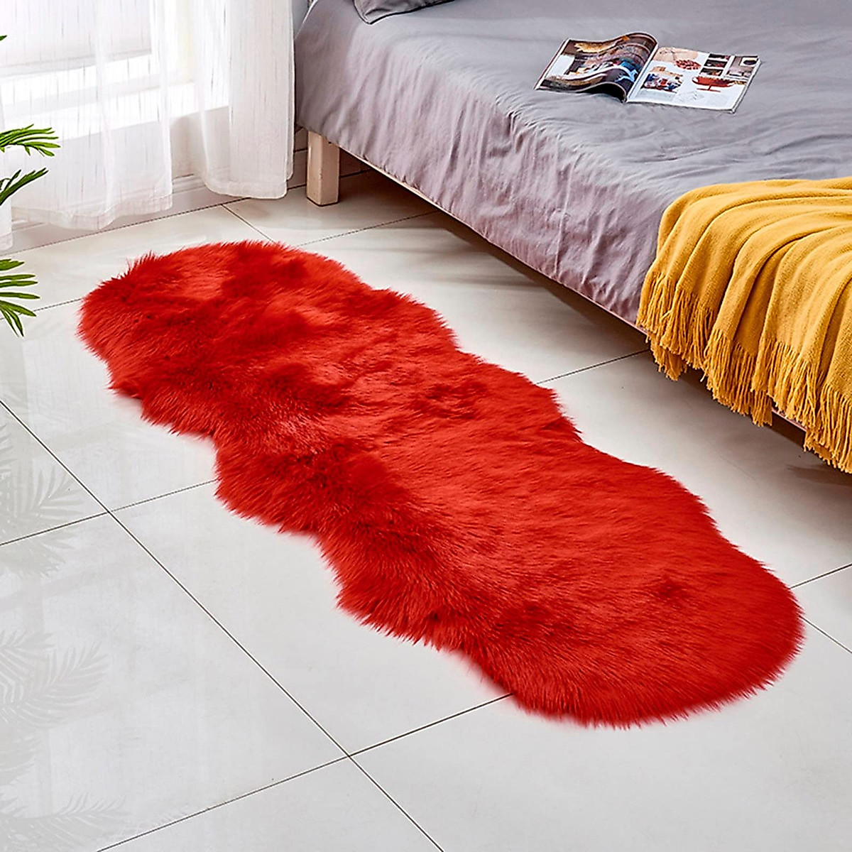 Ultra Soft Faux Fur Rug - 2x5 Feet 17 Colors Faux Sheepskin Fur Area Rug Shaggy Couch Cover Seat Cushion Furry Carpet Beside Rugs for Indoor Bedroom,Living Room Runner,Dorm Room (Red)
