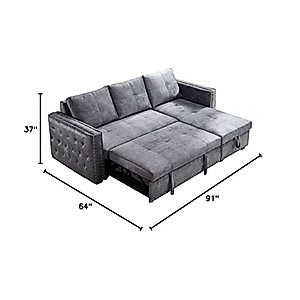 ATY Sectional Sofa with Pull Out Bed, Reversible L-Shape Couch with Storage Chaise and Sleeper, Save Space for Living Room Office, 91" Grey