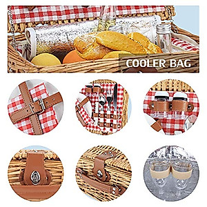 Wicker Picnic Basket for 2 Person, Willow Hamper Basket Sets with Insulated Compartment, Handmade 2 Person Picnic Basket Classical Red Check with Utensils Cutlery Perfect for Picnic, Camping