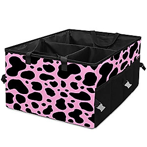 Car Trunk Organizer Pink And Black Cow Print Spot Car Back Seat Large Storage Organizer with 3 Divider Compartments Collapsible Trunk Cargo Organizer Groceries Tote for SUV Truck Camping Picnic