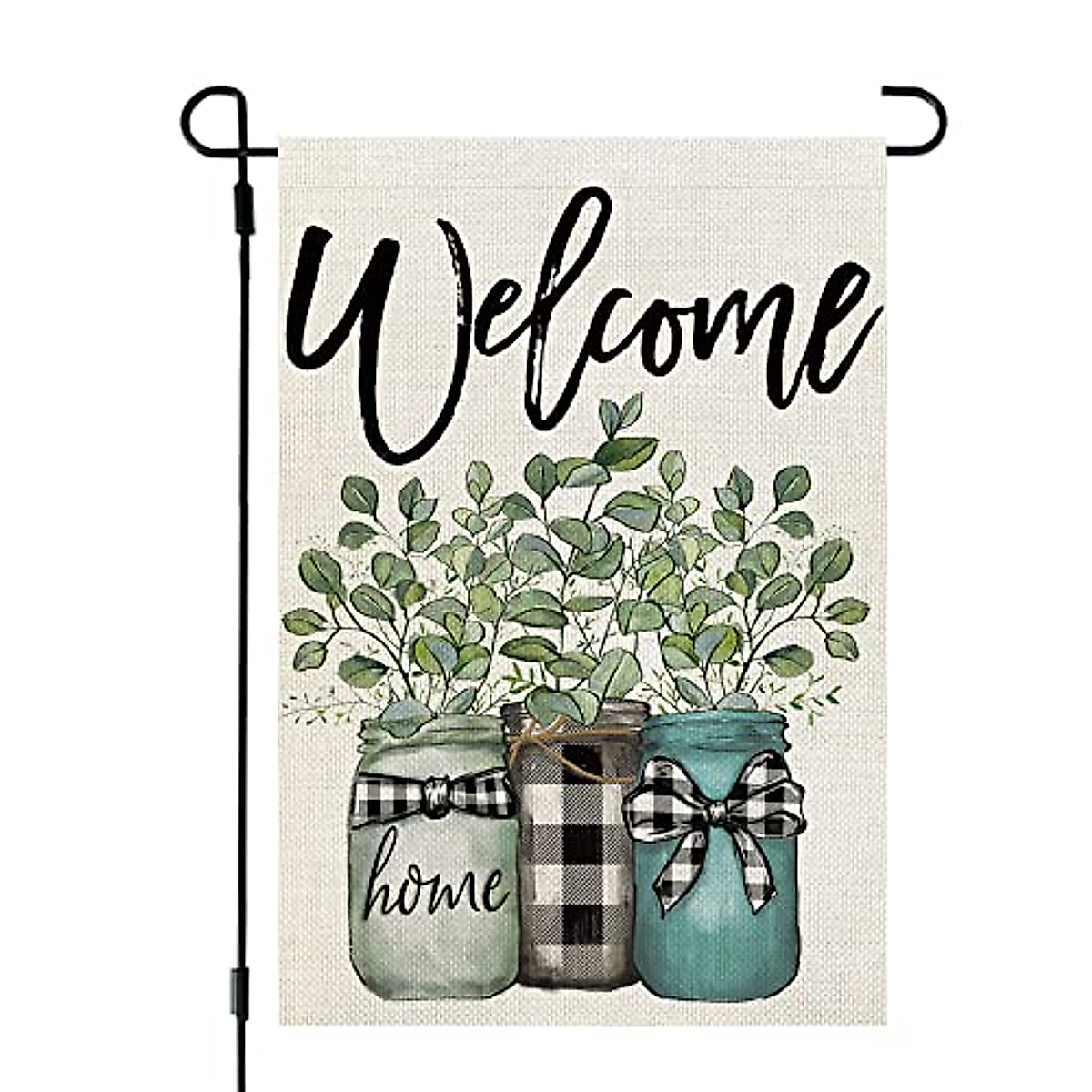 CROWNED BEAUTY Welcome Garden Flag Floral Mason Jar 12x18 Inch Double Sided for Outside Small Buffalo Plaid Burlap Yard Flag CF789-12