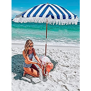 AMMSUN 7.5ft Heavy Duty Beach Umbrella with Fringe Tassel windproof UPF 50+ Blocks UV Commercial Grade White Boho Beach Umbrella with Air Vent Premium Wood Pole & Carry Bag