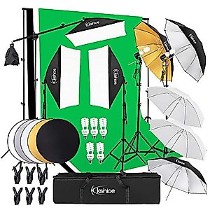 Kshioe Photography Lighting Kit, 6.5x10feet/2x3m Backdrops Stand Support System, 5 in 1 reflectors, 1600w 5500k Umbrellas Softbox Continuous Lighting Kit for Portrait, Product and Video Shooting