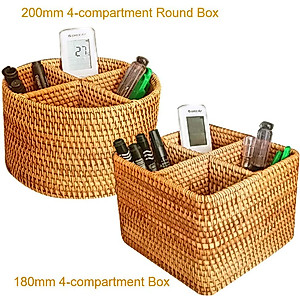 2packs Handweaved Rattan Four Divider Box Without Lid | 4 Compartments Storage Box Cosmetics Organizer Utensil and Bottle Serving Basket | 1Pack Round and 1Pack Squre Rattan Divider Storage Holders