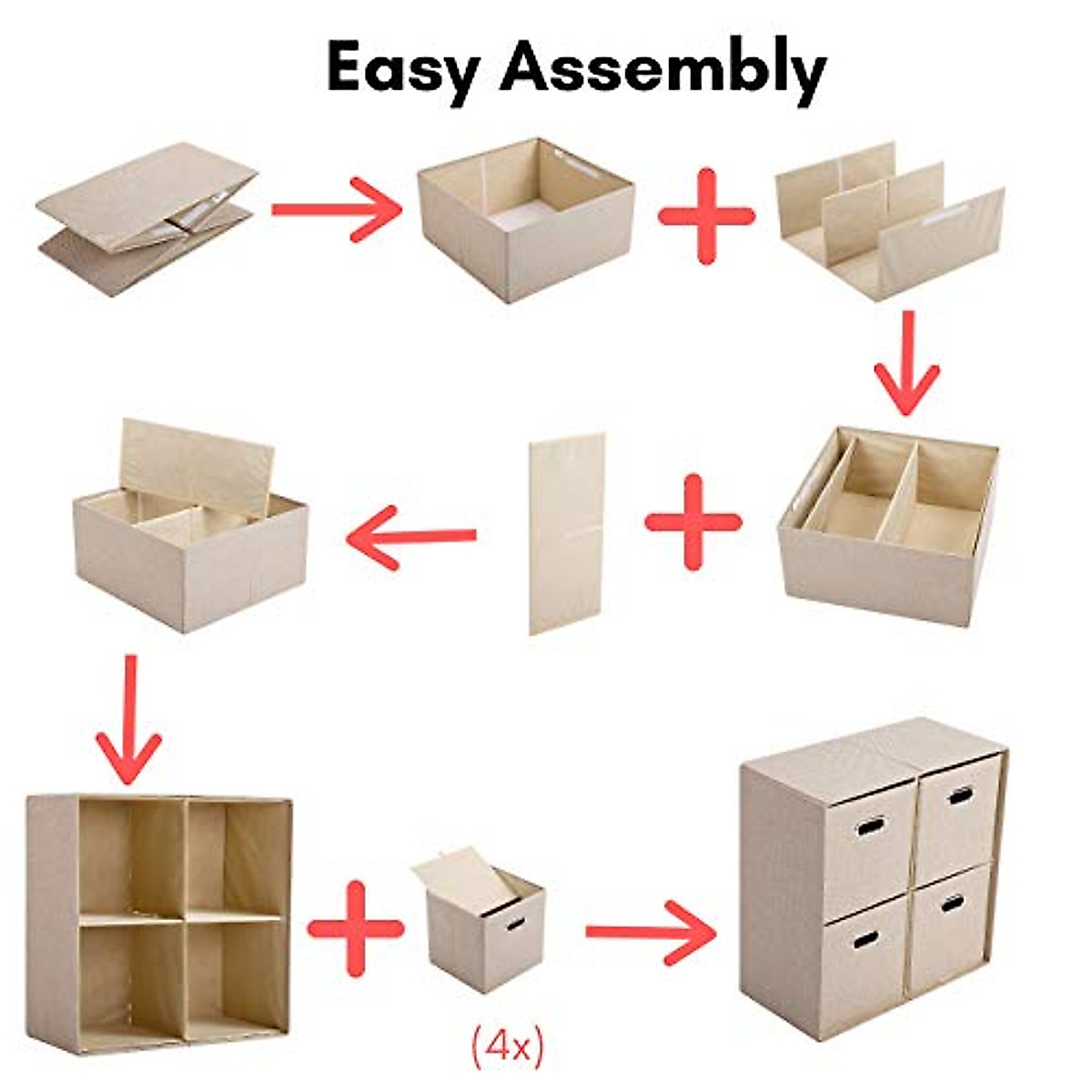 BIRDROCK HOME Cream Linen Cube Organizer Shelf with 4 Storage Bins – Strong Durable Foldable Shelf – Kid Toy Clothes Towels Cubby – Collapsible Bedroom Fabric Shelves and Cubes