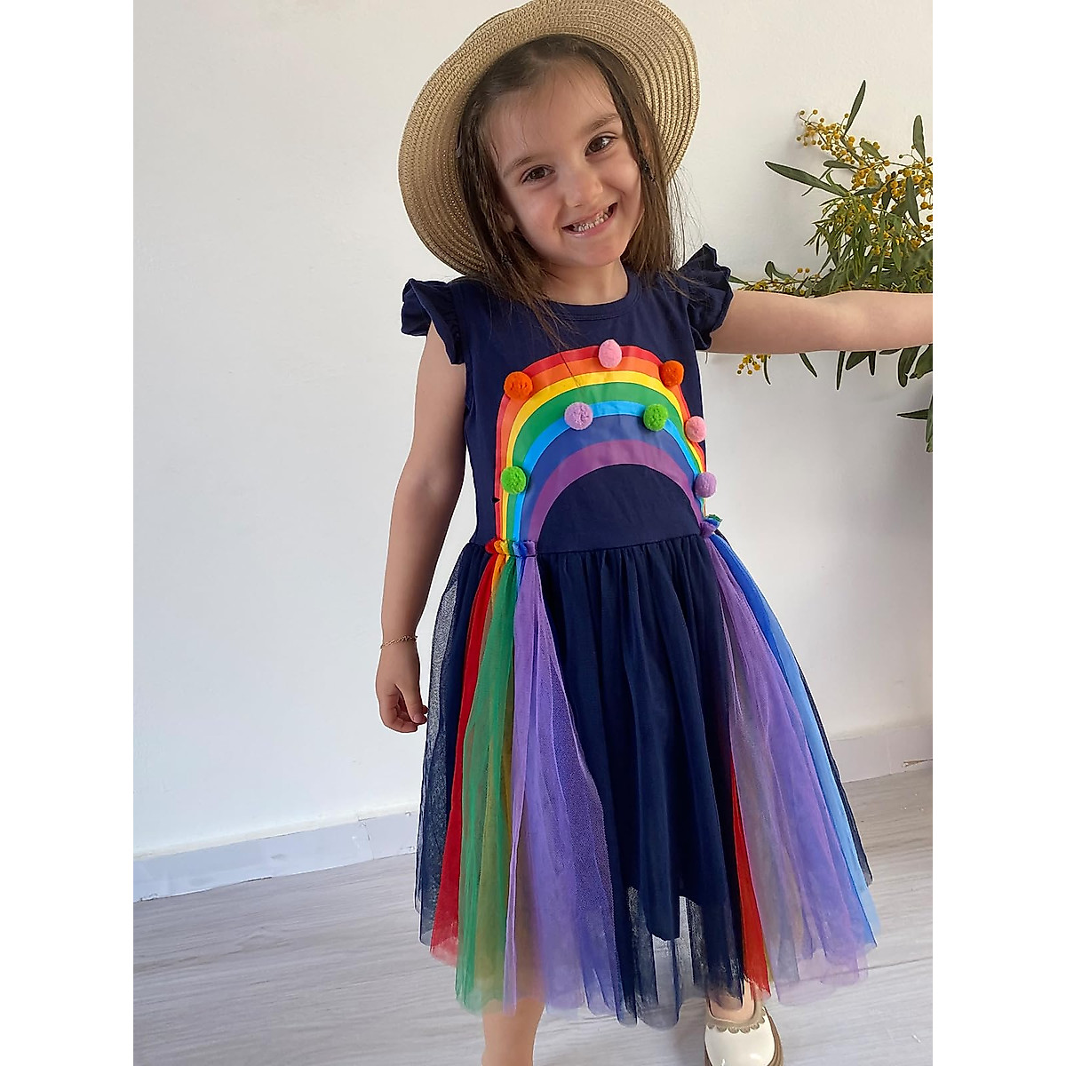 4T Girls Dresses 5T Rainbow Dress Navy Blue Dresses for Girls Flutter Sleeve Holiday Dress Size 5