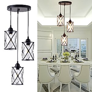 DFL Industrial Glass Pendant Light, 3-Light Black Metal Polished Glass Cover Chandelier, Pendant Light Fixture for Restaurants, Kitchens, Bars, Hallways, Galleries, E26 Base, Bulb Not Included