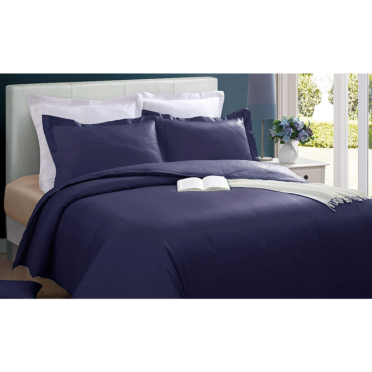 Blue Ridge Home Fashions Cotton 3 Piece Button Closure-Hypoallergenic-Machine Washable Duvet Cover Set, Full/Queen(88"x88"), Navy