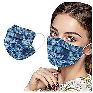 50PC Tie Dye Disposable Face_Masks for Adult Women Men Printed Design 3 Ply Breathable Full Protection Light Weight Fashion (Blue Tie Dye, 50PC)