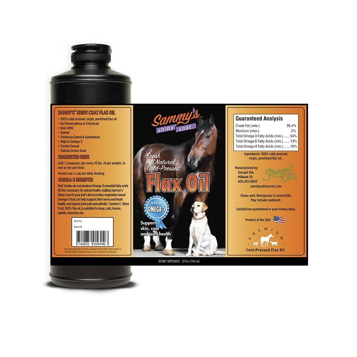 Sammy’s™ Shiny Coat Flaxseed Oil - 100% Pure, Natural Flax Oil, Cold-Pressed, Excellent Source of Omega-3 for Your Furry Friend, for Healthier Skin and Coat of Your Dogs, Cats, Other Pets - 32 Oz