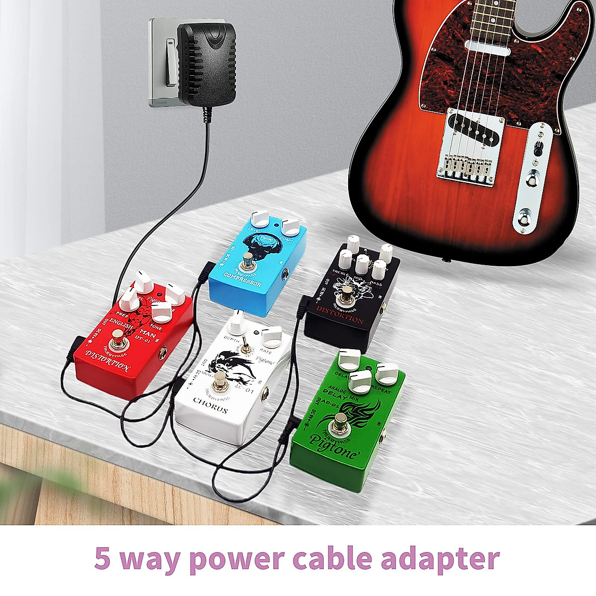 Pigtone Guitar Pedal Power Supply Adapter 9V DC 1A(1000mA) Tip Negative 5 Way Daisy Chain Cables for Effect Pedal