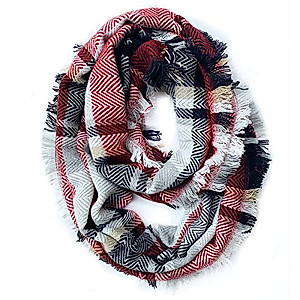 Lucky Leaf Women Winter Checked Pattern Cashmere Feel Warm Plaid Infinity Scarf (L8-Black Burgundy)