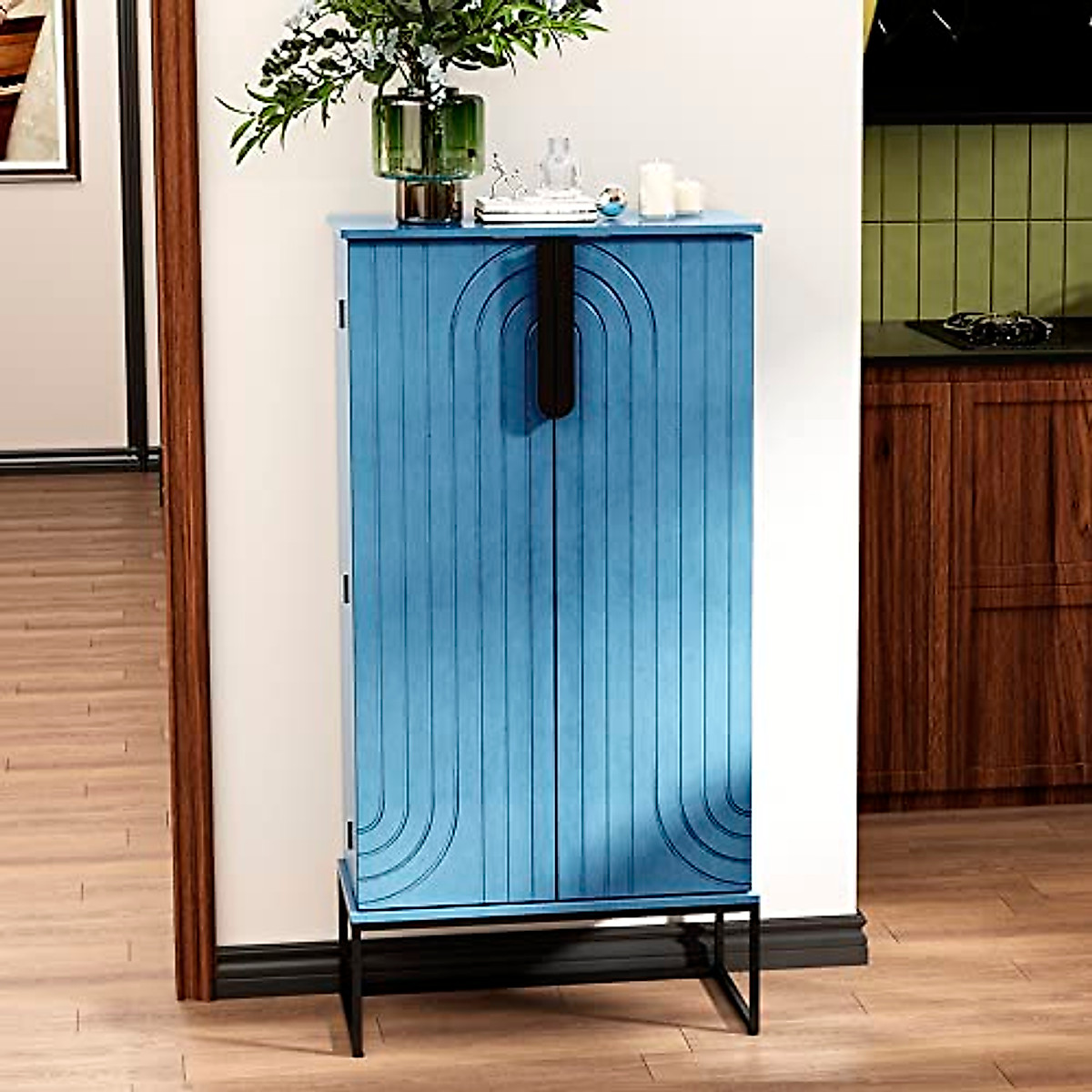 HOLTICO 46.5'' Accent Wood Grain Kitchen Pantry with Doors, Storage Cabinet with Adjustable Shelves, Food Pantry Cabinet for Kitchen, Dining Room, Living Room and Garage, Metal Legs,Blue